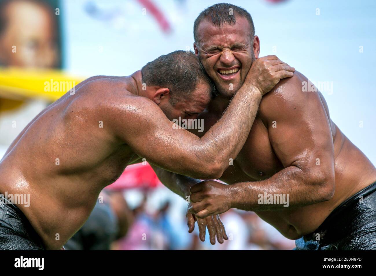 Heavy weight wrestlers battle for victory at the Velimese Turkish Oil ...
