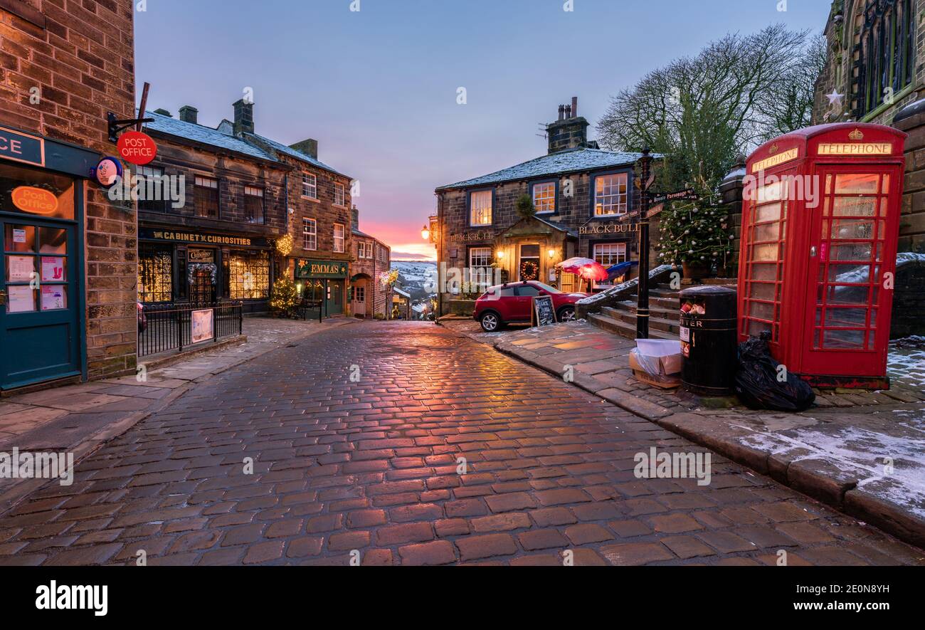 Sunrise on Main Street in Haworth, West Yorkshire. Home of the Brontë ...