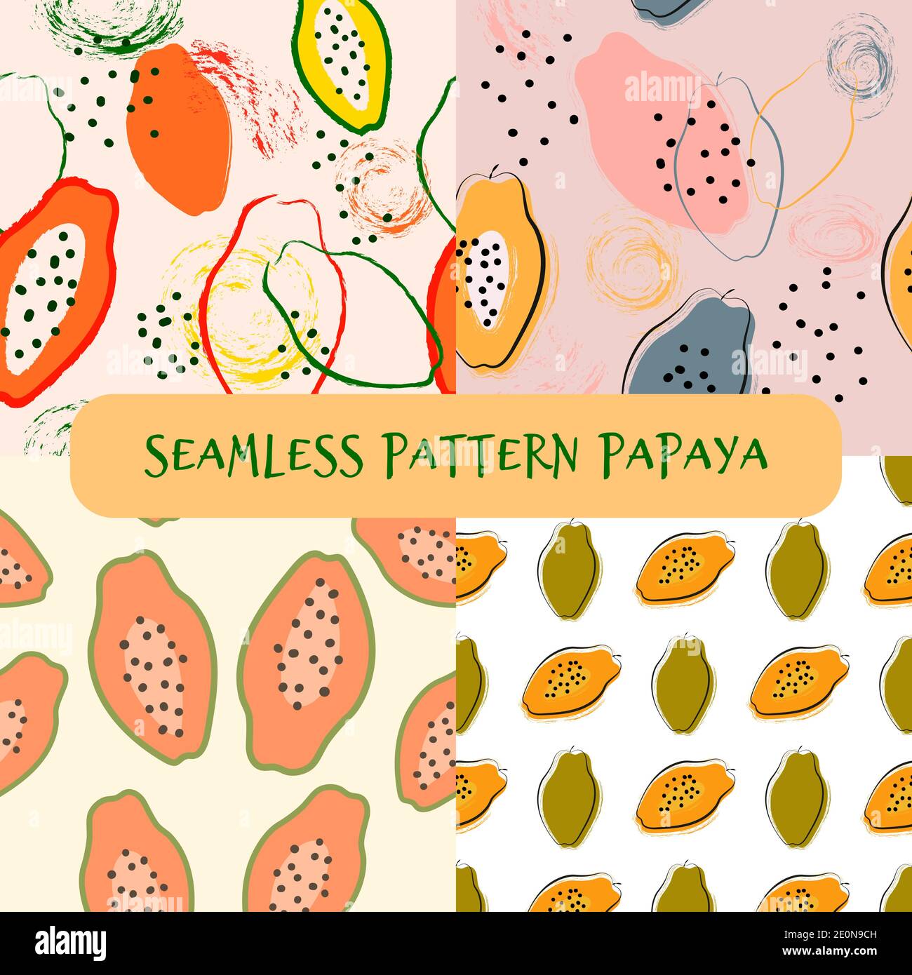 Set seamless pattern with papaya fruit and abstract elements, hand ...