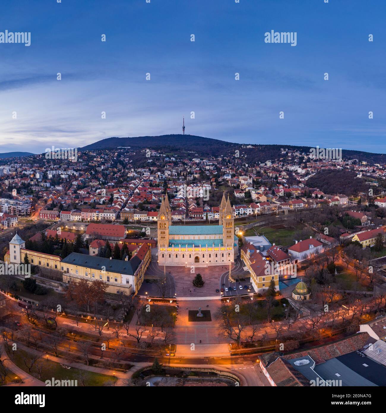 aerial view of Cathedral in Pecs at night Stock Photo - Alamy