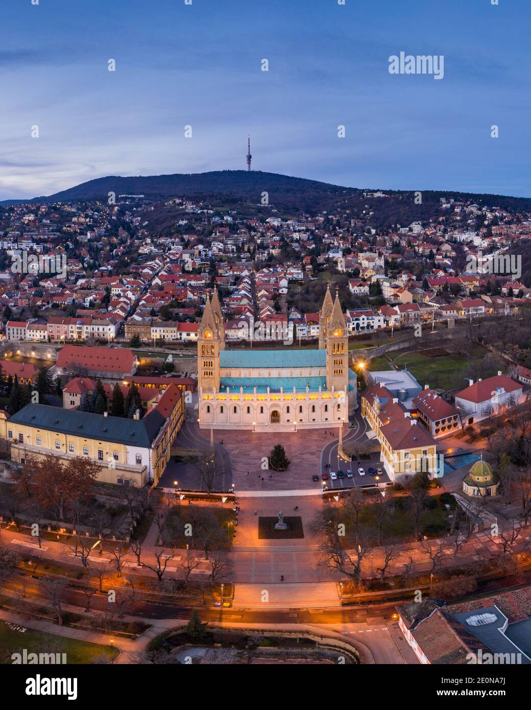 aerial view of Cathedral in Pecs at night Stock Photo - Alamy