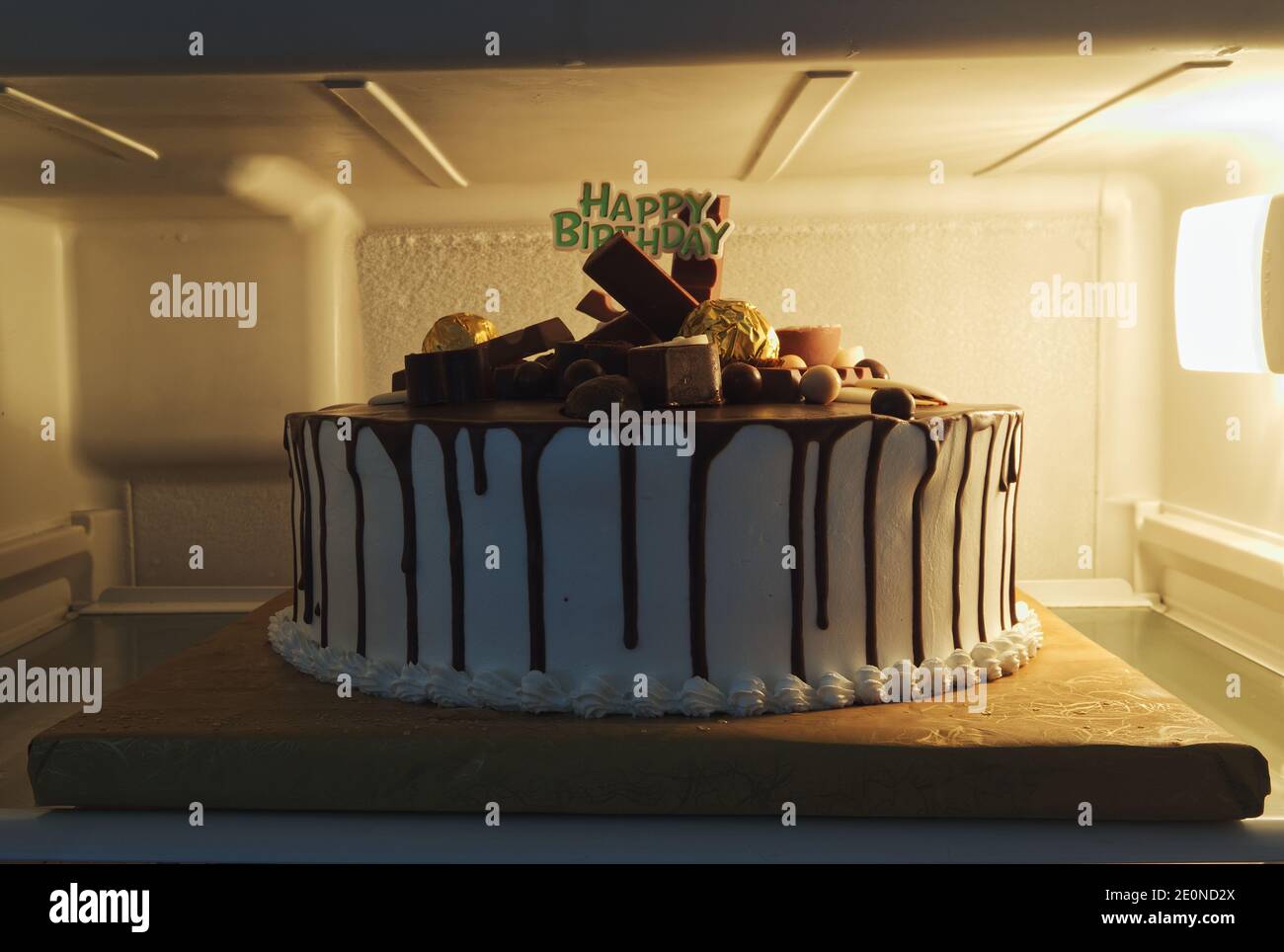 Details of beautifully decorated birthday cake in fridge Stock Photo ...