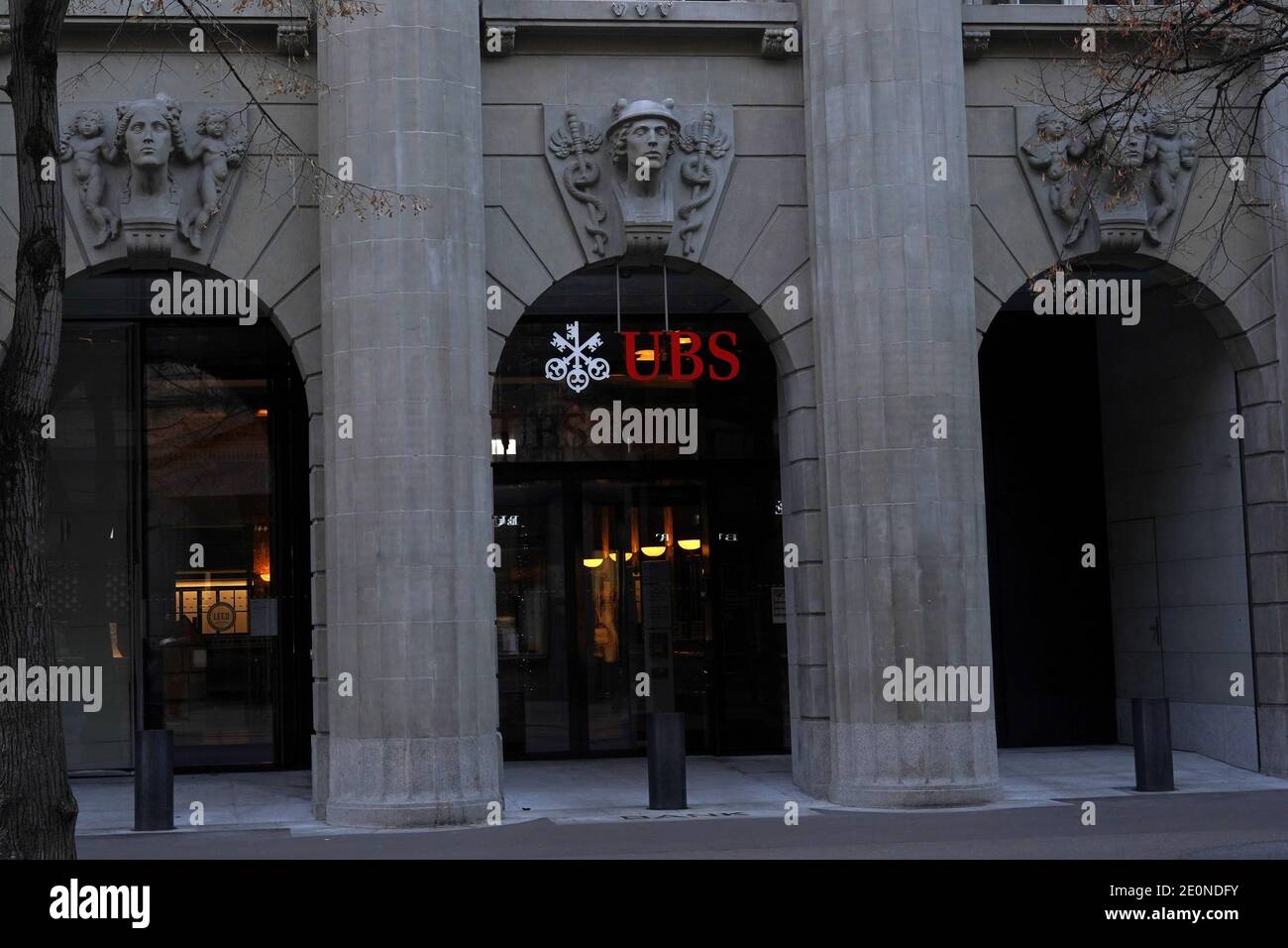 Logo of a Swiss bank UBS on facade of a historical building in red and ...