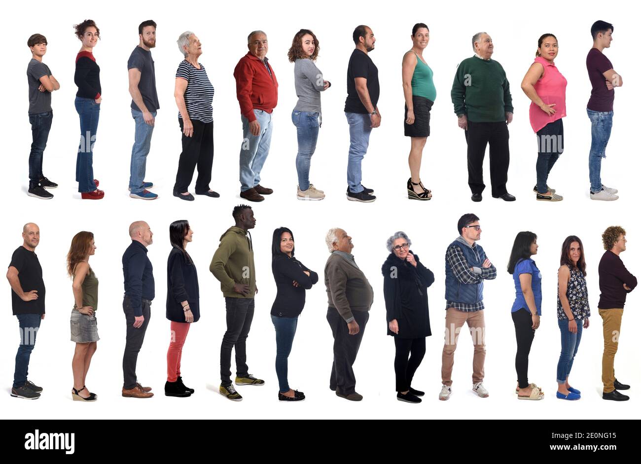large group of mixed people on white background, side view Stock Photo ...