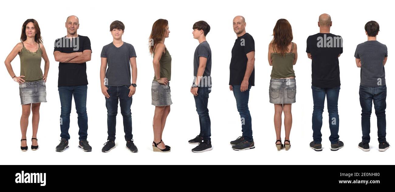 rear, front and profile view of a family on white background Stock ...
