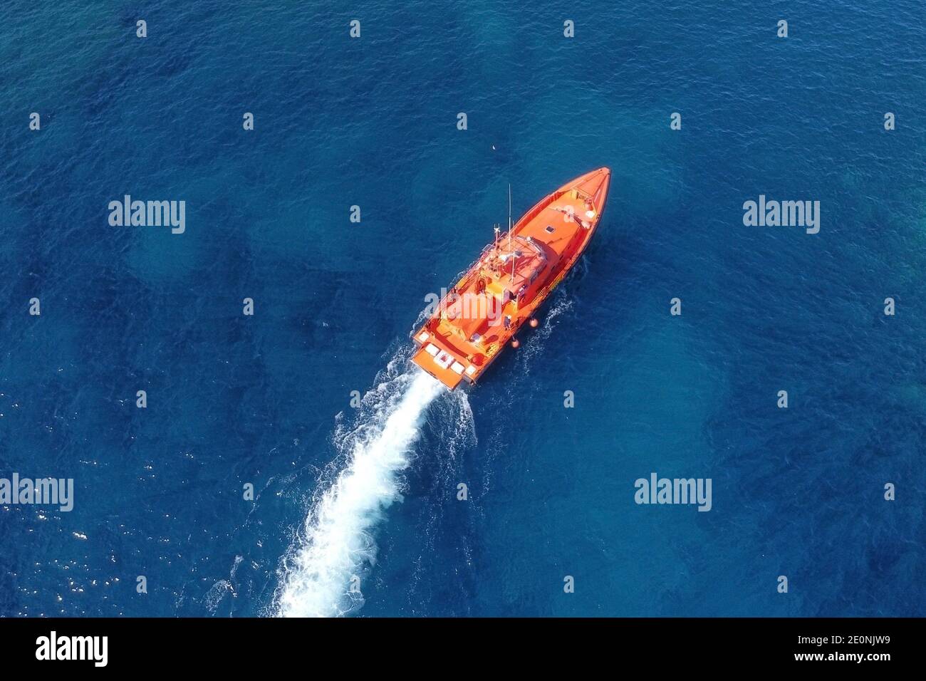 Aerial view of a maritime rescue ship sailing in the ocean. High ...