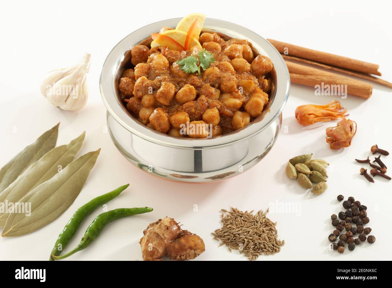 Indian food - chana masala with Indian spices, roti, puri Stock Photo ...