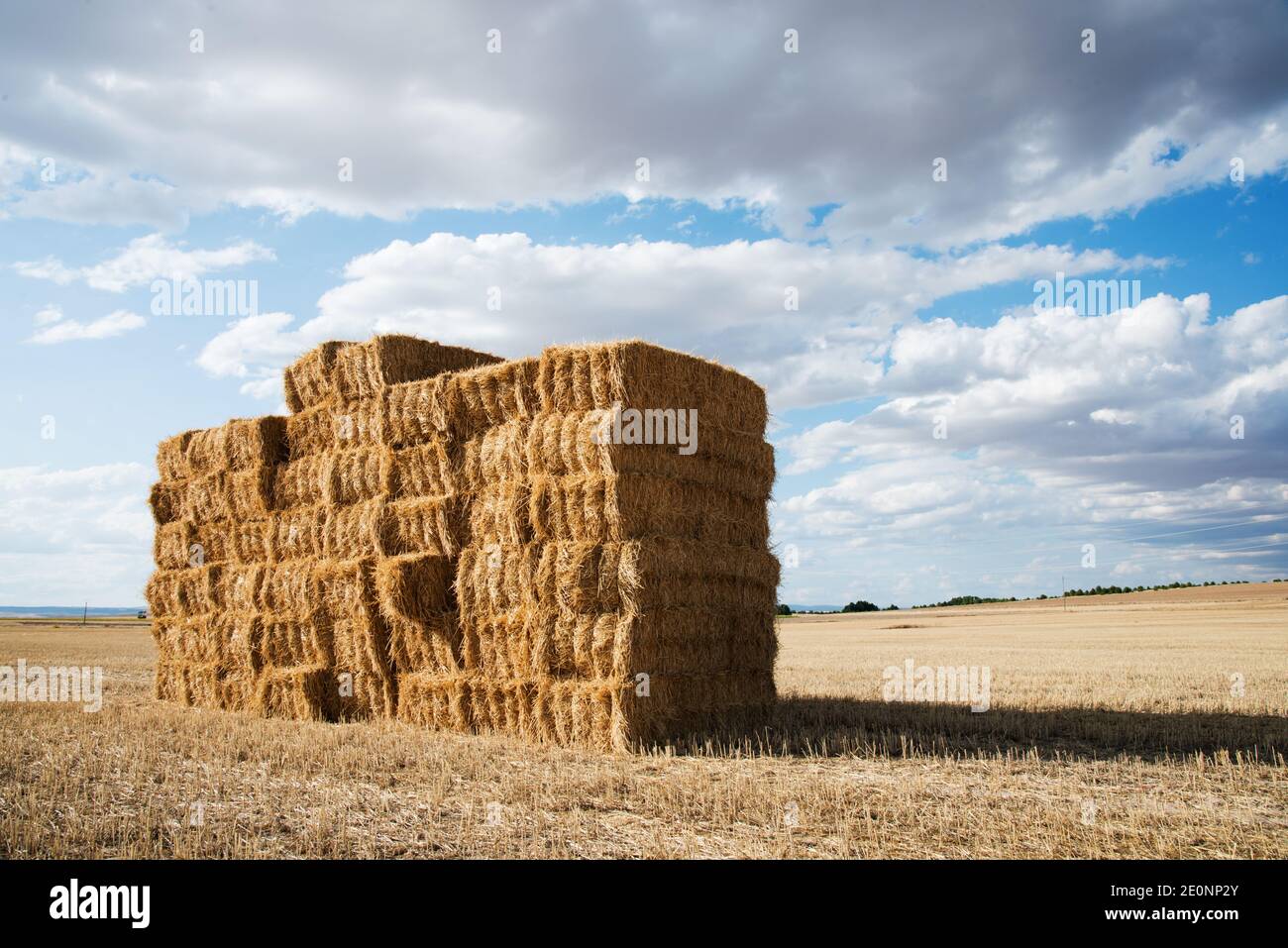 Country landscape with a dry haystack with blue sky and some clouds ...