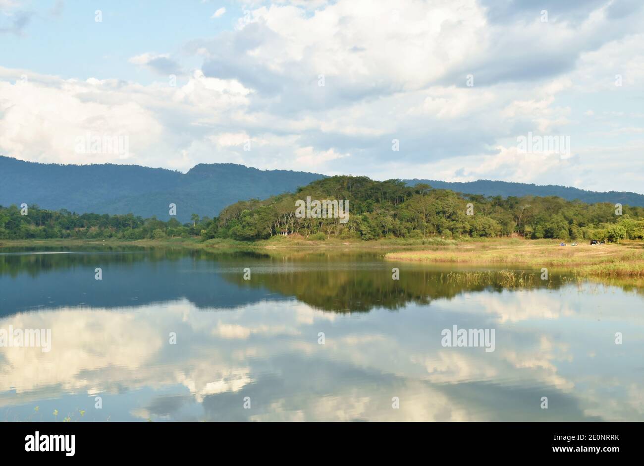 landscape of water reservoir lake with mountain background Stock Photo ...