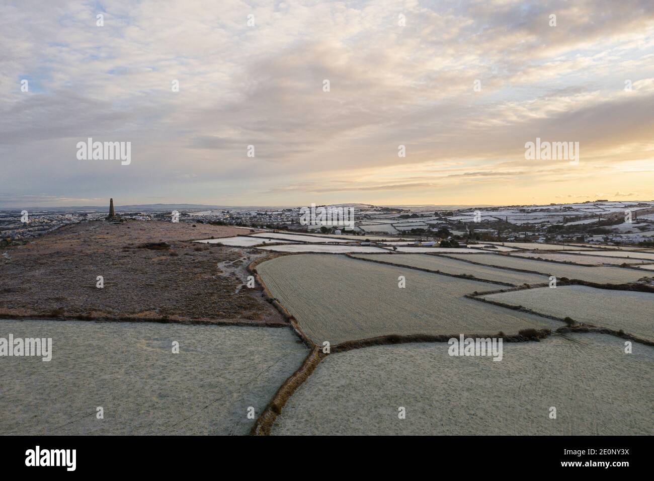Aerial photograph of Carn Brea, Redruth, Cornwall on a very frostly ...
