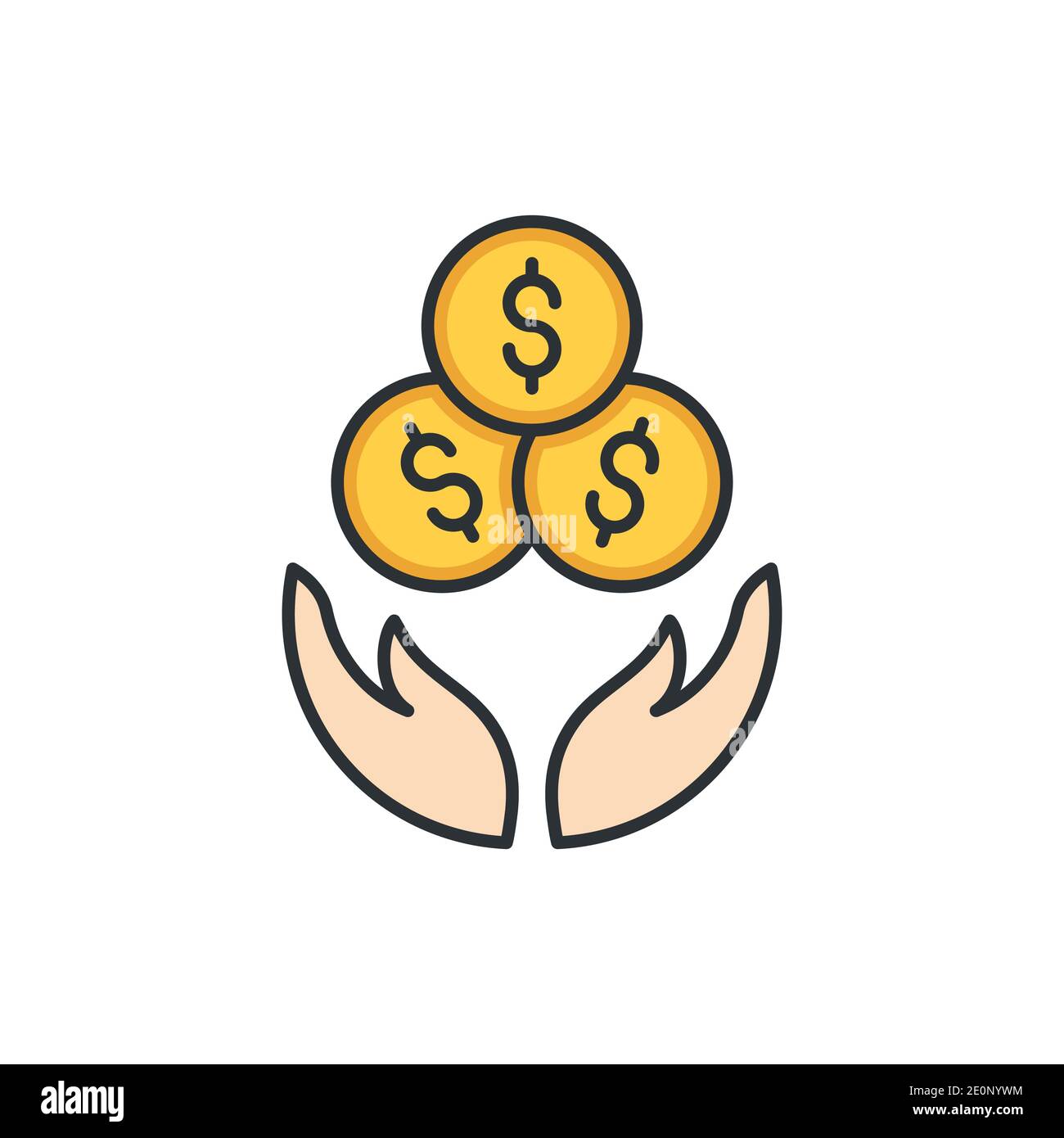 Hand with coins icon, color, line, outline vector sign, linear style ...