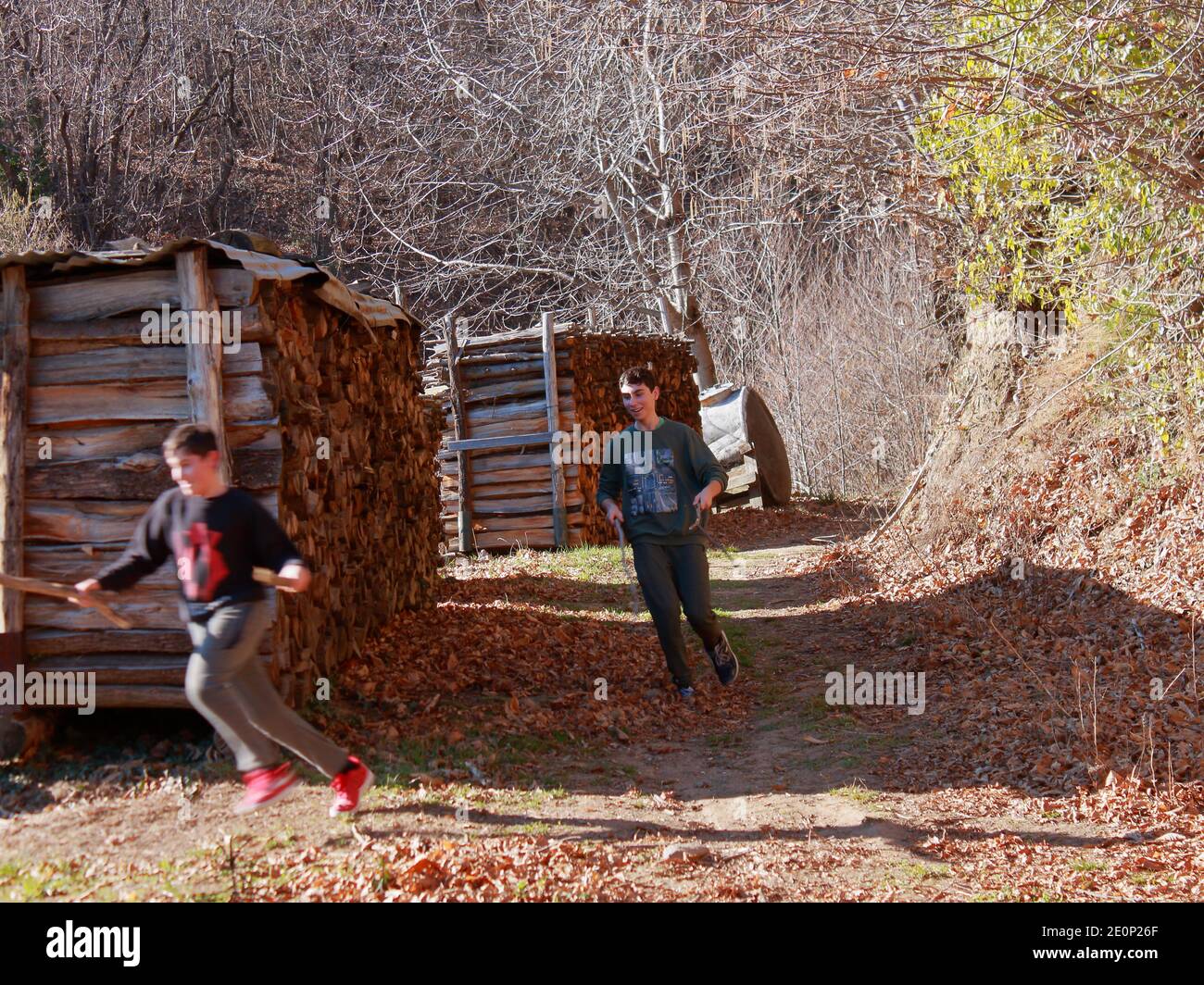 two brothers play chasing each other in the countryside Stock Photo - Alamy