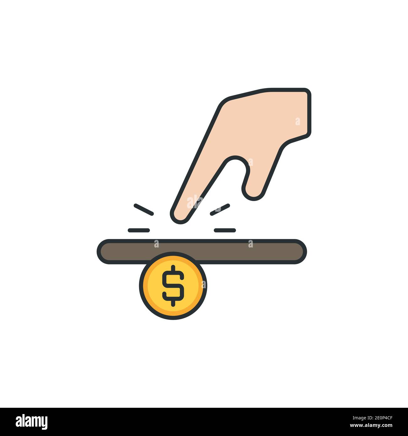 Hand using touch screen and coin icon, color, line, outline vector sign ...