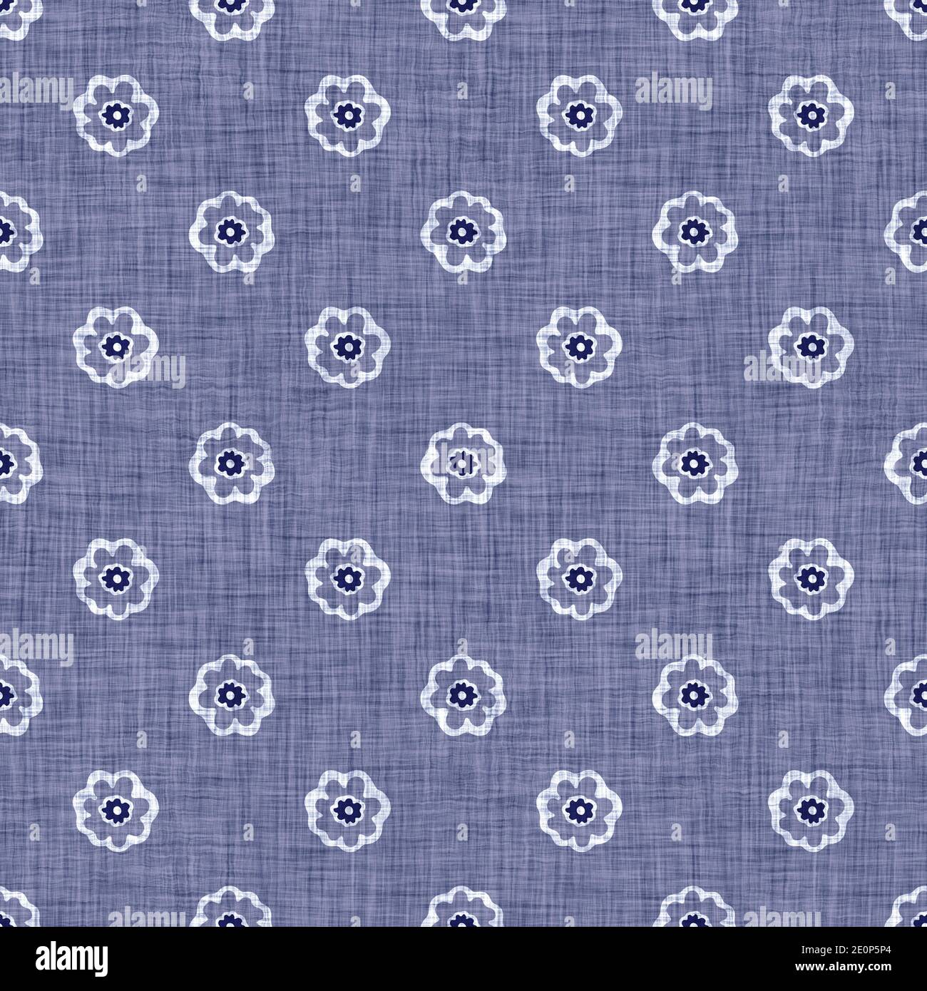 Indigo blue flower block print dyed linen texture background. Seamless ...