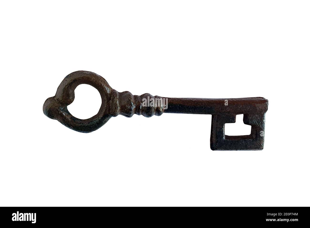 Top view and close-up of big old iron key isolated on white background ...