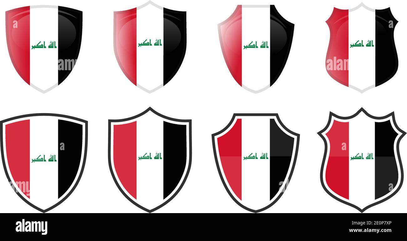 Vertical Iraq flag in shield shape, four 3d and simple versions. Iraqi ...