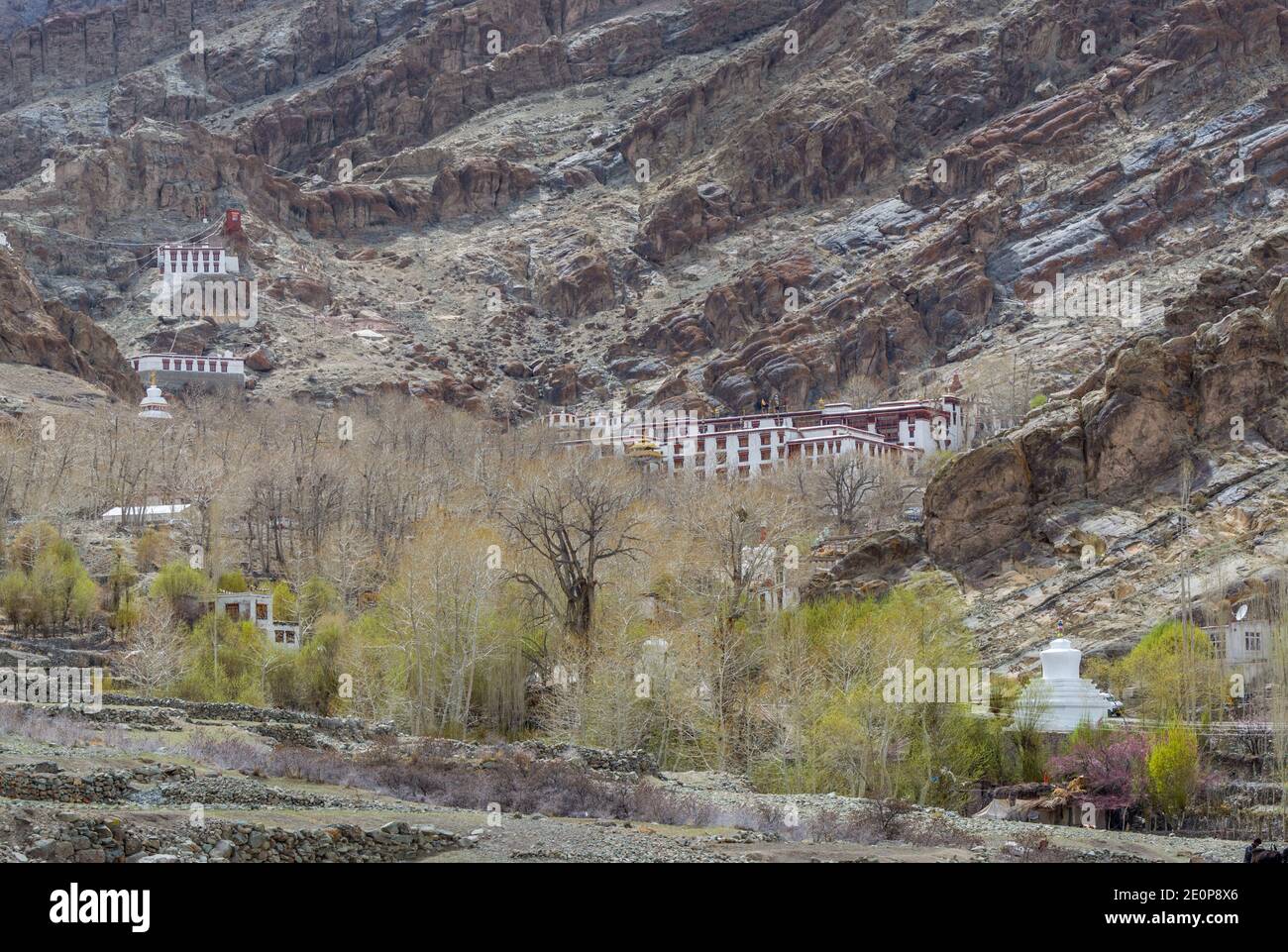 Tibetan traditional wooden buildings of Hemis monastery in the valley ...