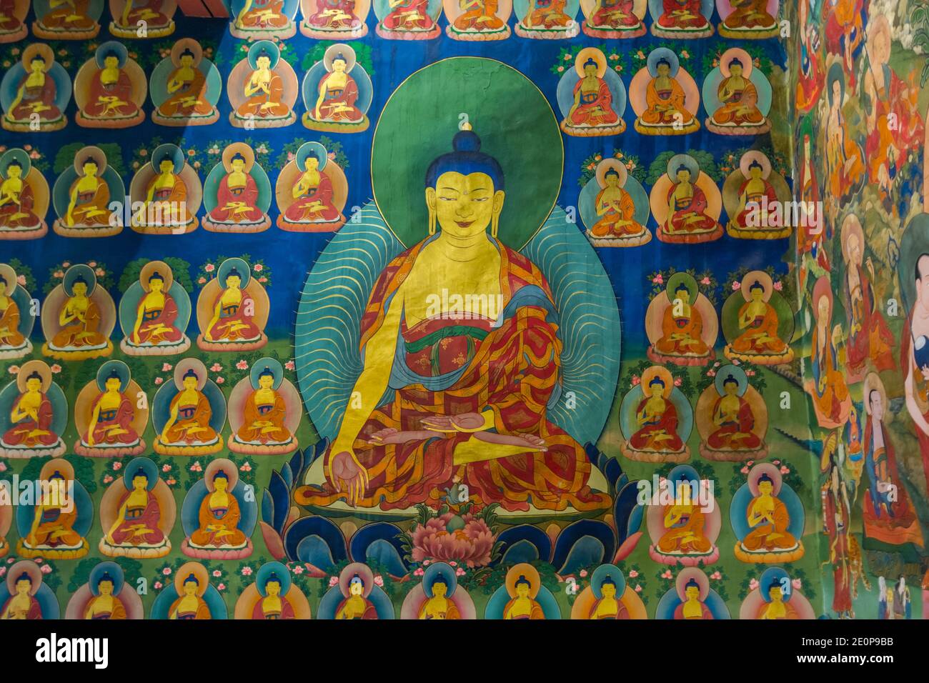 Colorful Mural paintings at the Hemis monastery in Leh, Ladakh, Jammu ...