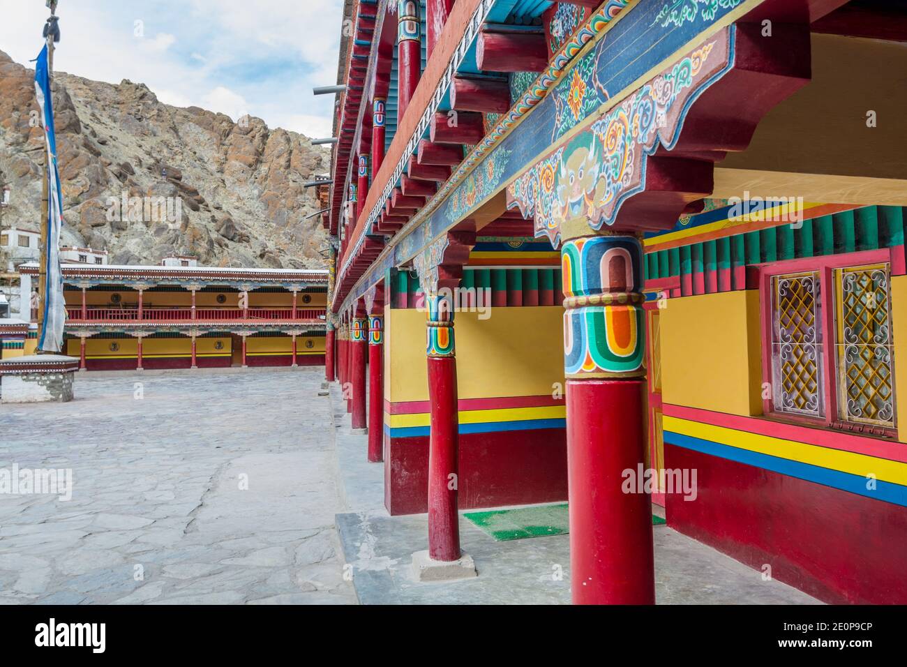 Tibetan traditional building and square of Hemis monastery in Leh ...