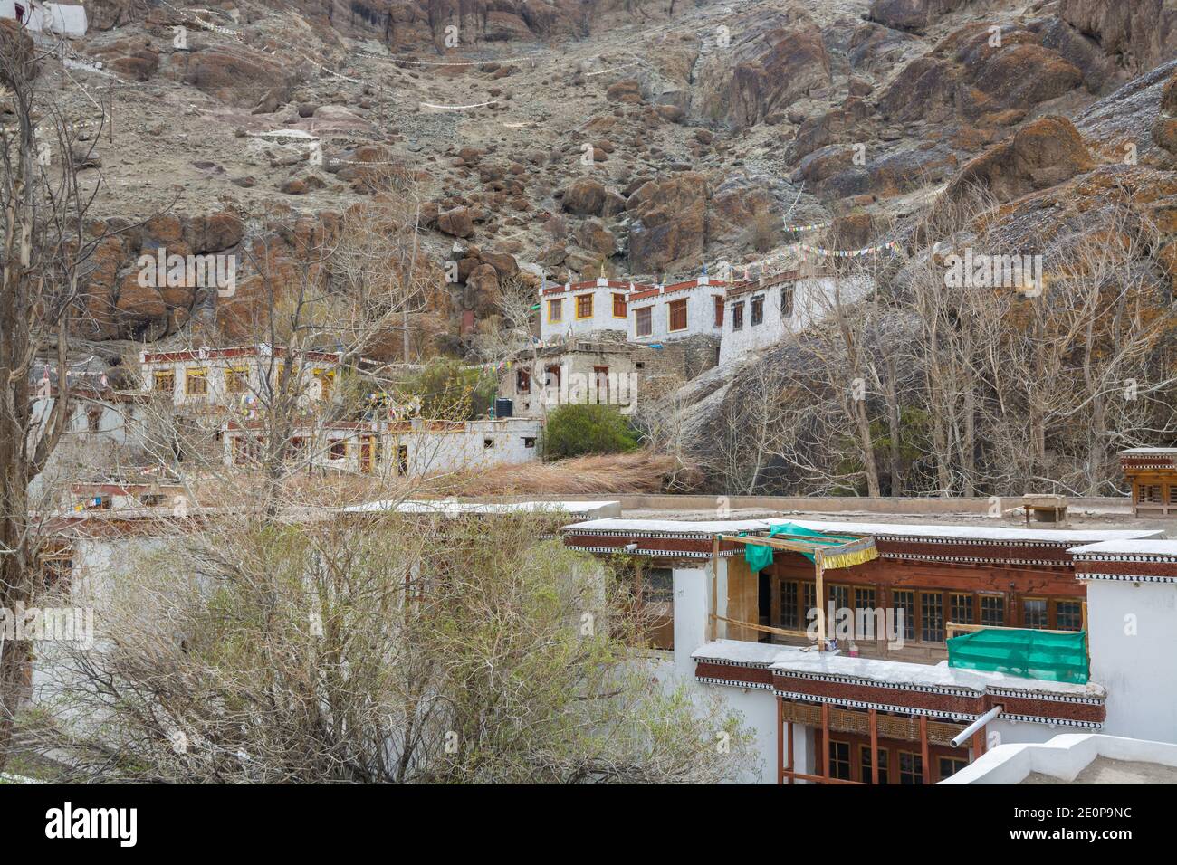 Tibetan traditional wooden buildings of Hemis monastery in the valley ...