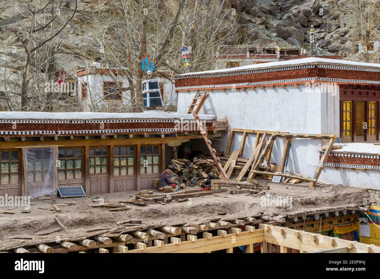 Tibetan traditional wooden buildings of Hemis monastery in the valley ...