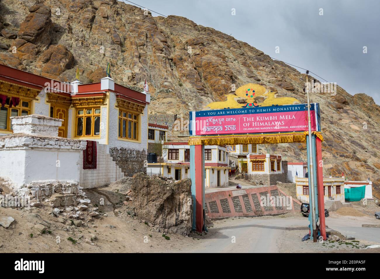 Tibetan traditional building, and welcome message the entrance of Hemis ...