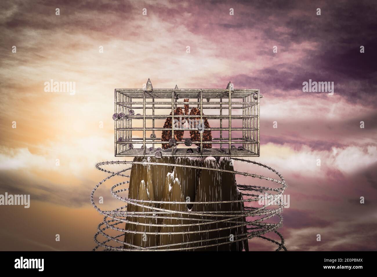 Disease lung in a cage on the top of a mountain at sunset magenta day ...