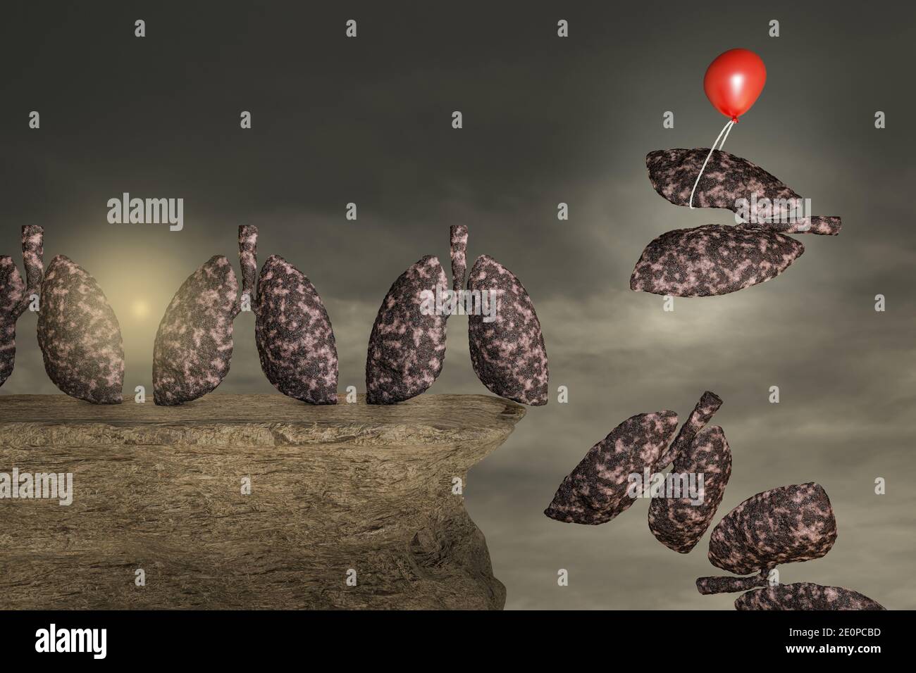 Disease lungs on a stone cliff with a red balloon help to escape one ...