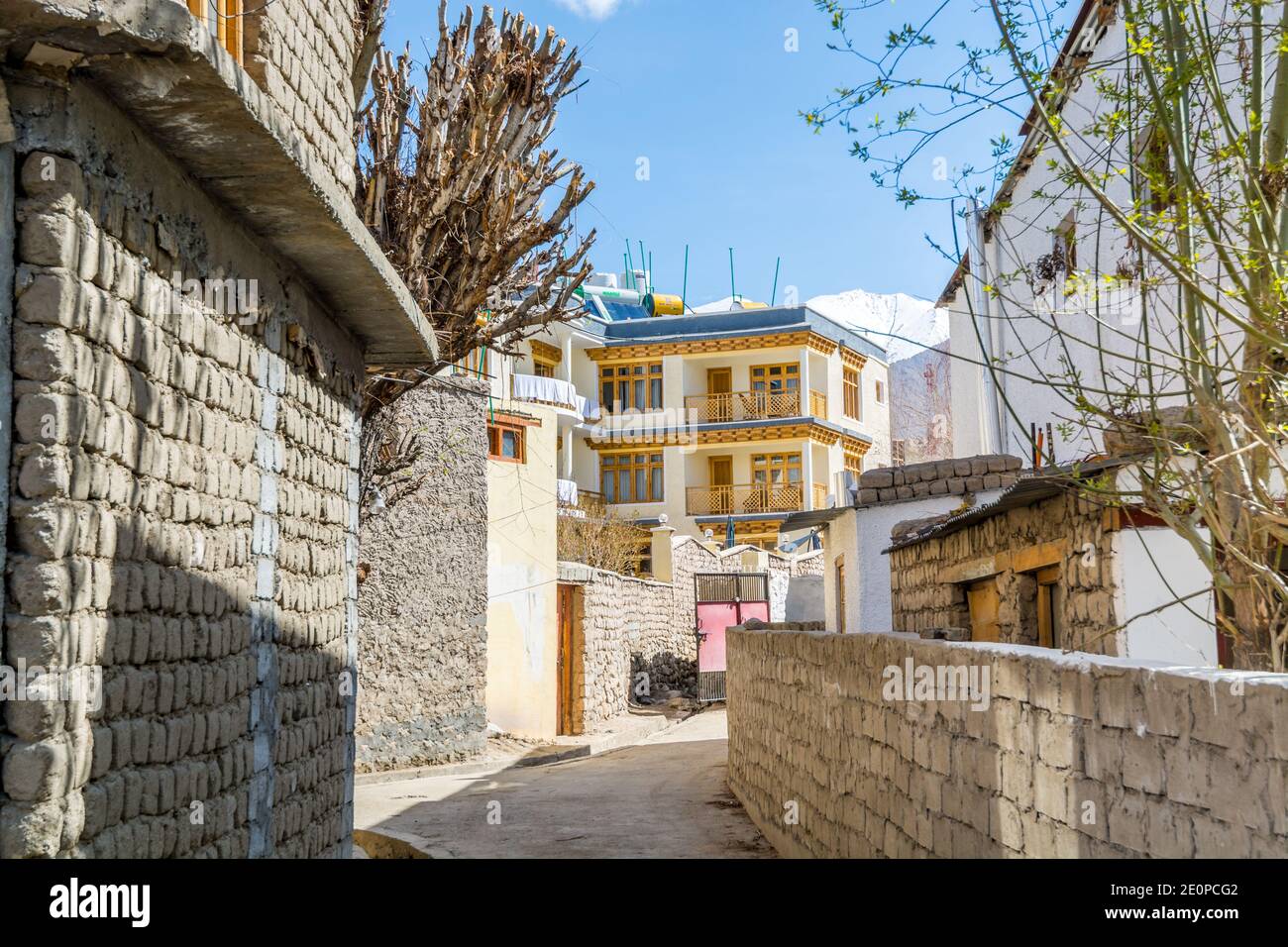 Traditional wooden Tibetan building in the downtown of Leh City, Ladakh ...