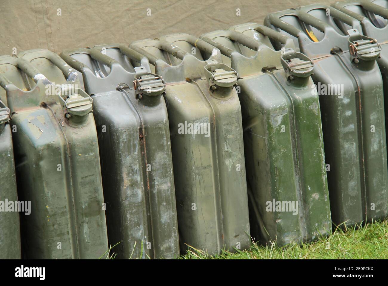A Line of Vintage Military Metal Petrol Fuel Cans Stock Photo - Alamy