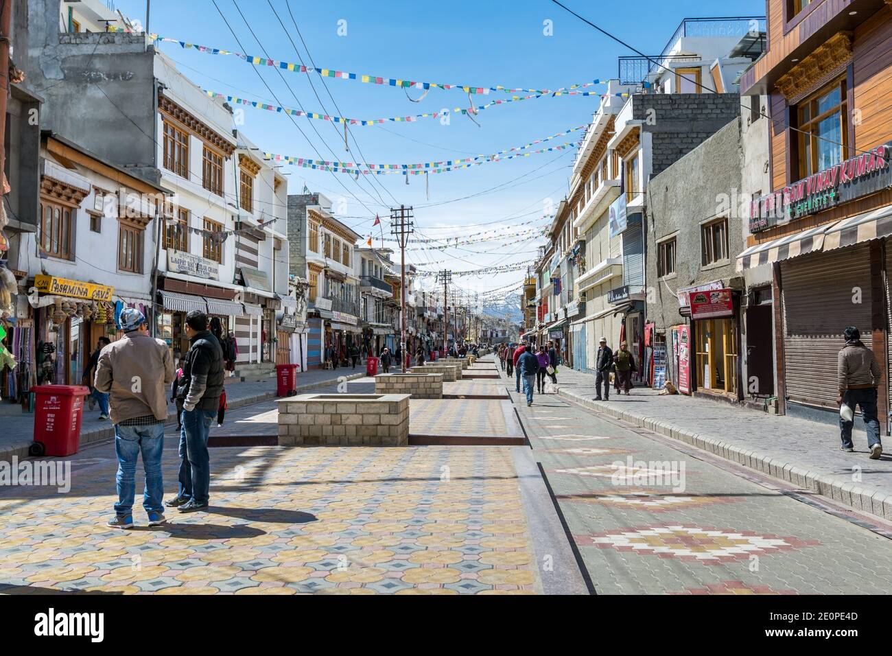 Street view of the Main bazaar at the downtown of Leh City, Ladakh ...