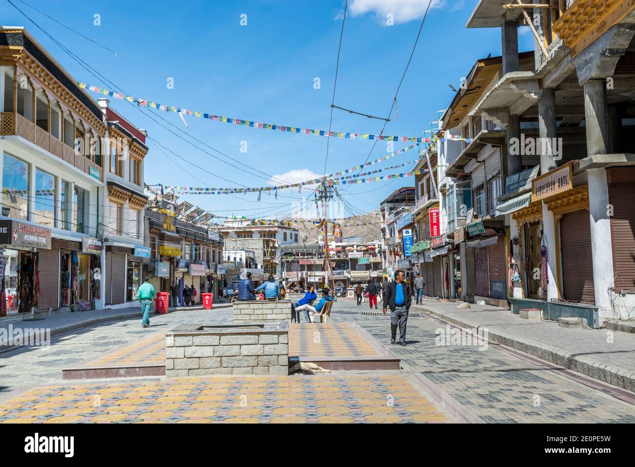 Street view of the Main bazaar at the downtown of Leh City, Ladakh ...