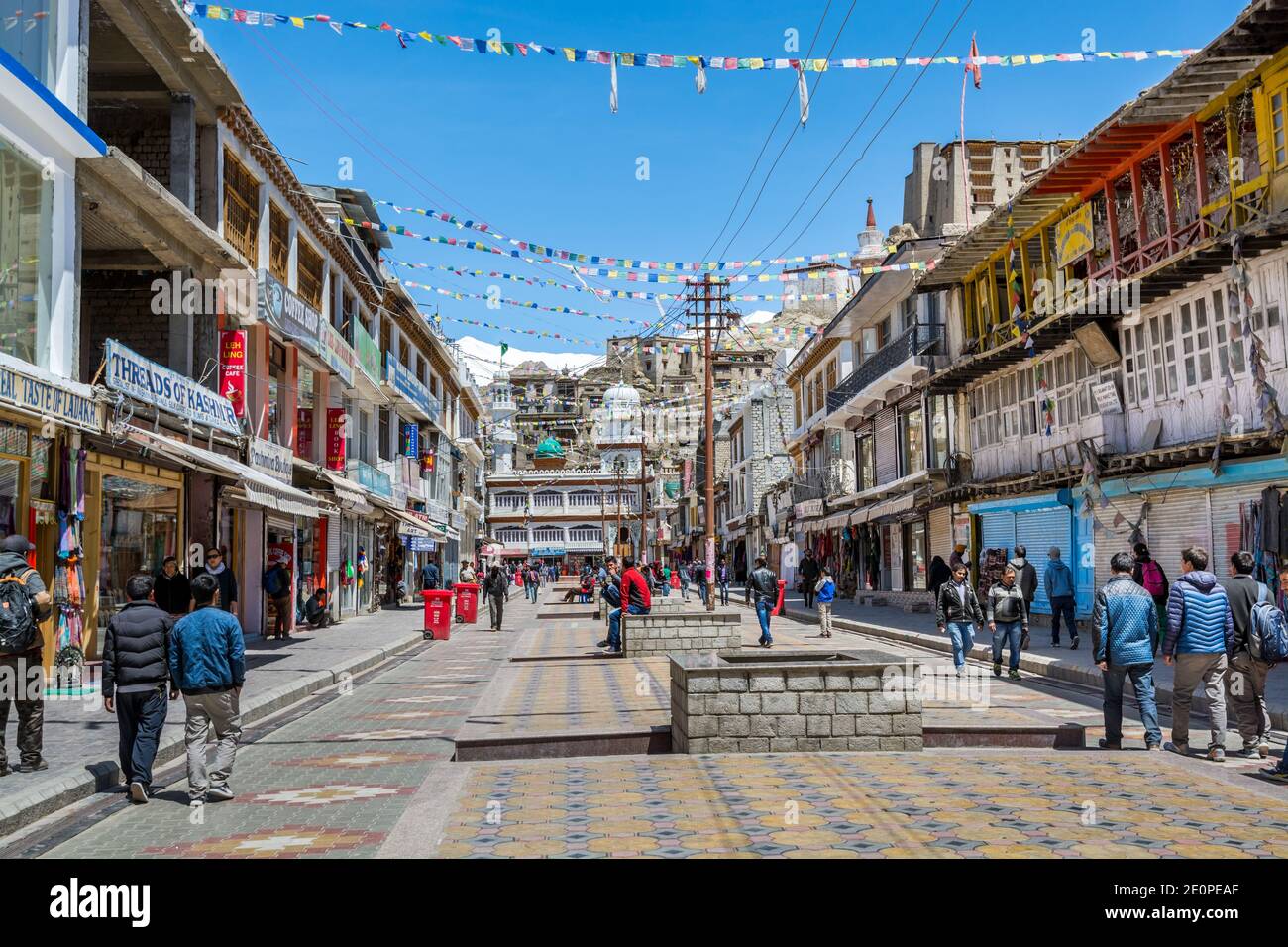 Street view of the Main bazaar at the downtown of Leh City, Ladakh ...