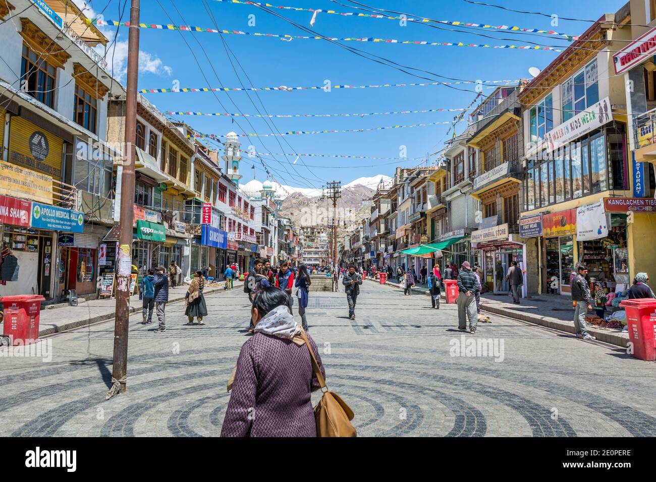 Street view of the Main bazaar at the downtown of Leh City, Ladakh ...