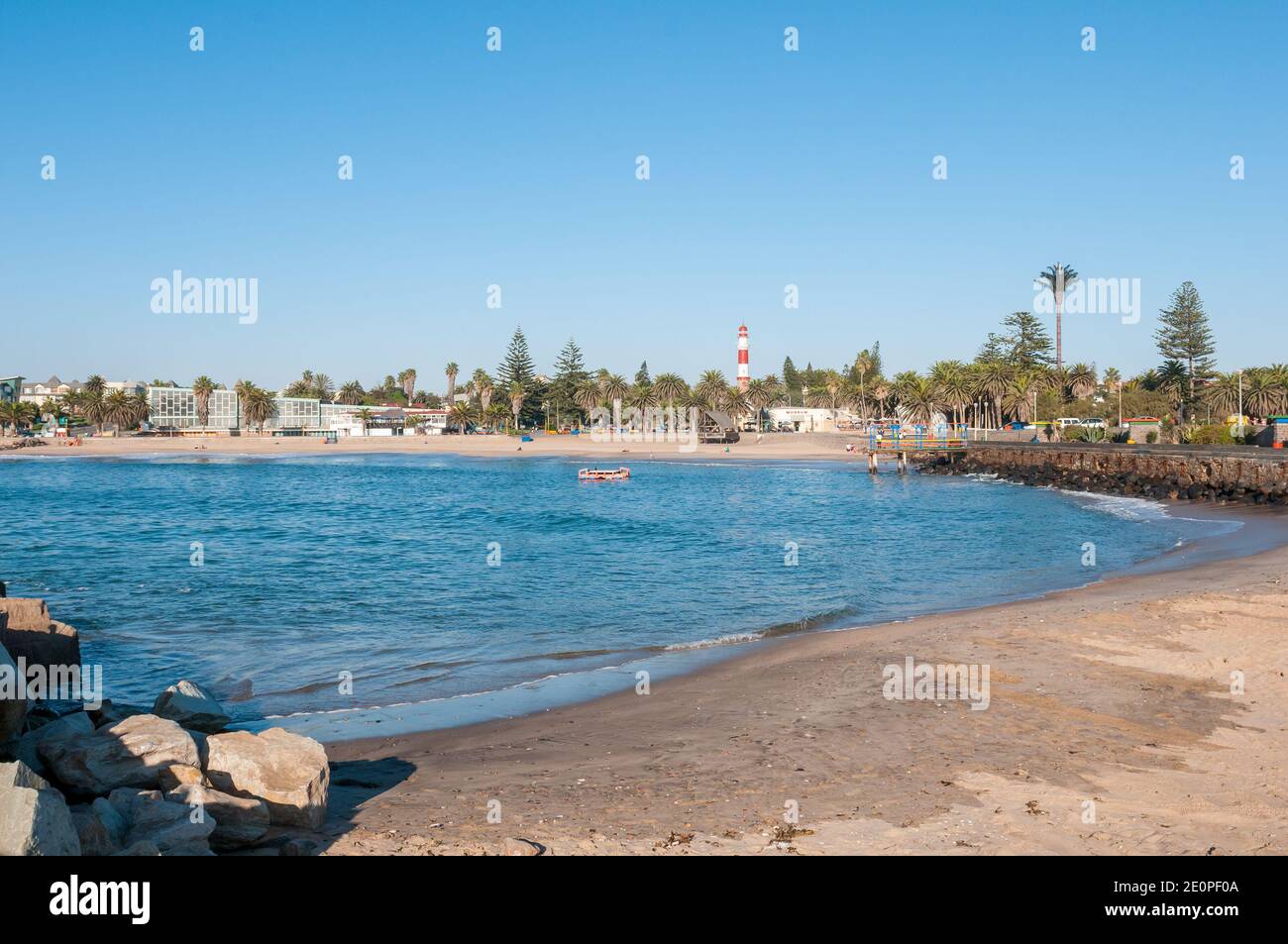 SWAKOPMUND, NAMIBIA - JUNE 18, 2012: A beach scene at the waterfront in ...