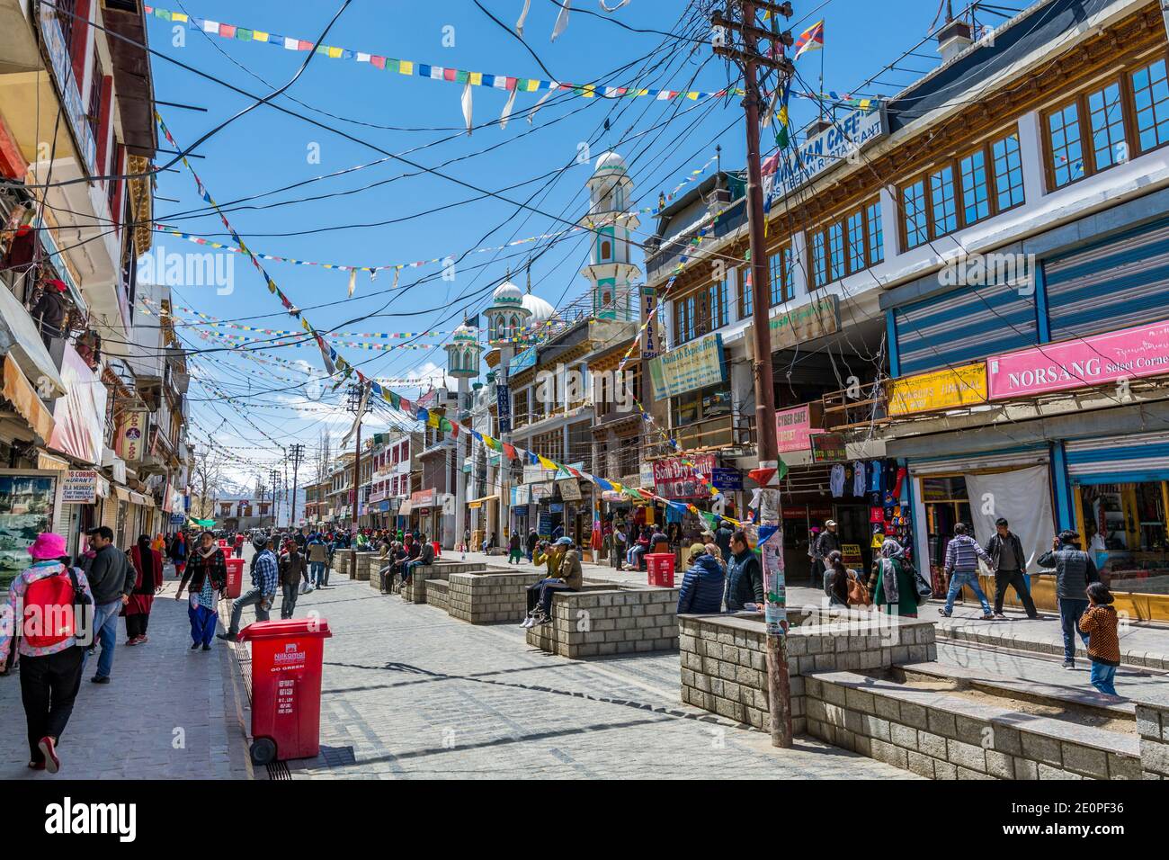Street view of the Main bazaar at the downtown of Leh City, Ladakh ...