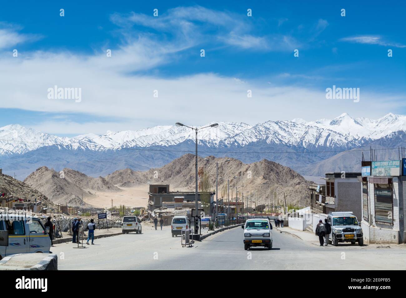 Street view of Leh City, Ladakh, Jammu and Kashmir, with background of ...