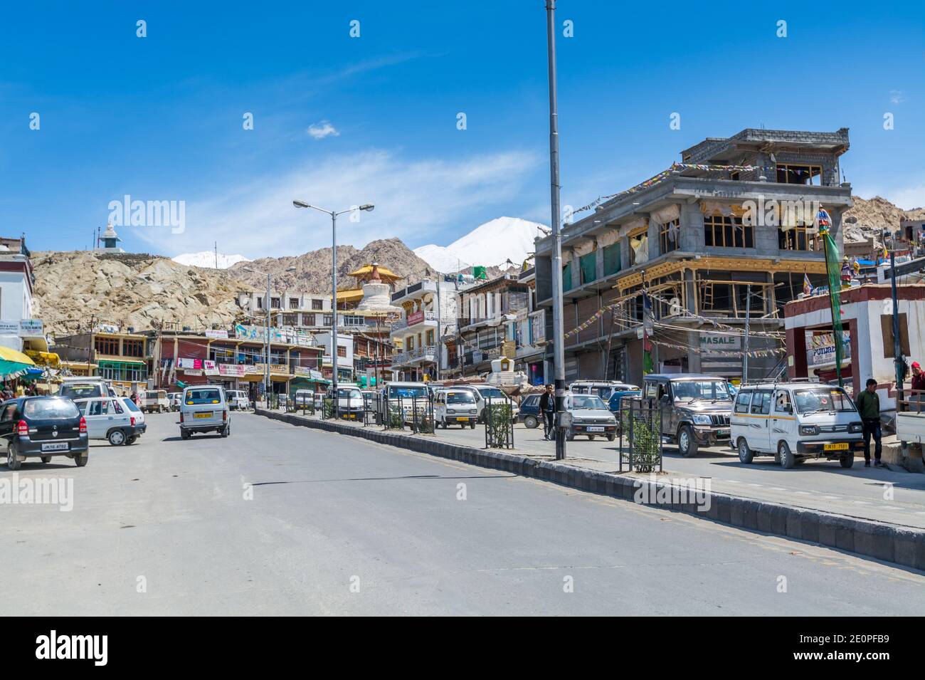 Street view of Leh City, Ladakh, Jammu and Kashmir, with background of ...