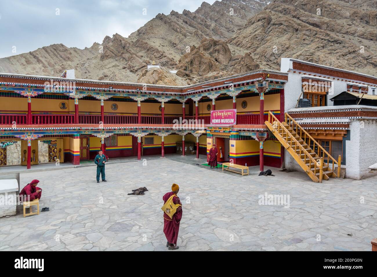 Tibetan traditional building and square of Hemis monastery in Leh ...