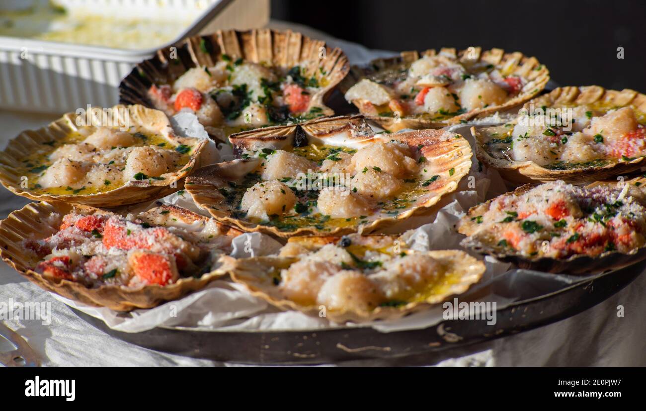 Macro Detail of a Plate full of Scallops ready to be cooked Stock Photo ...