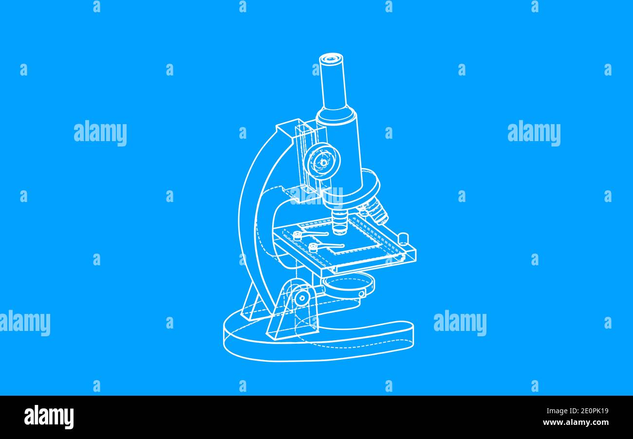 Hand-drawn microscope with blueprint style, raster illustration ...