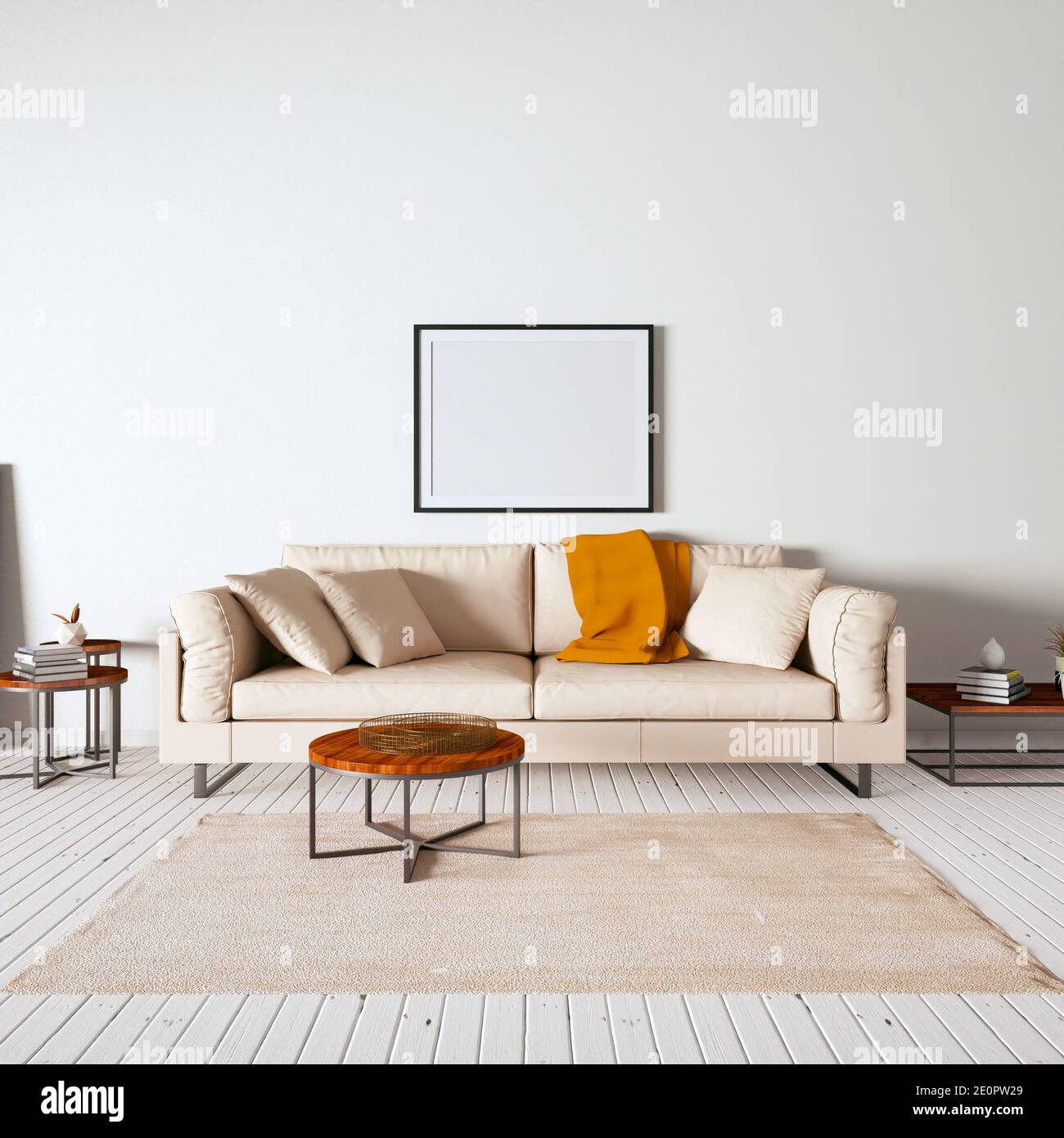 Room with Wooden Flooring and Modern Cozy Sofa 3D Rendering. Front view ...