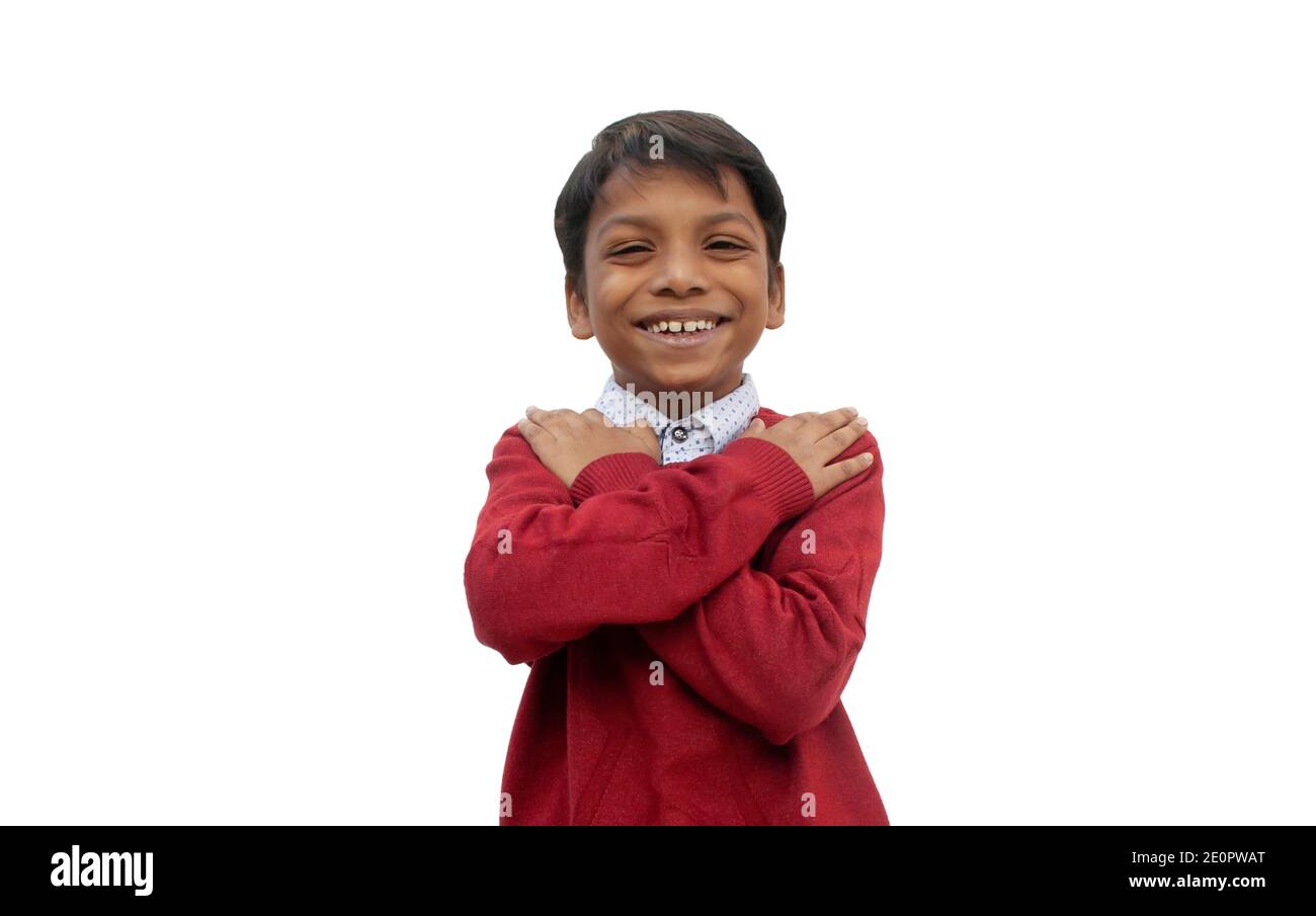 "Portrait of boy Touching Shoulder wearing warm clothing Stock Photo ...