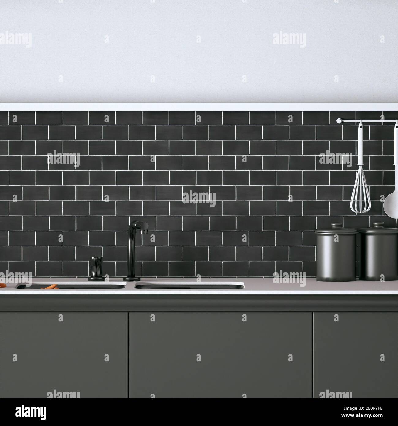 modern kitchen top with minimal objects, black subway tiles and ...
