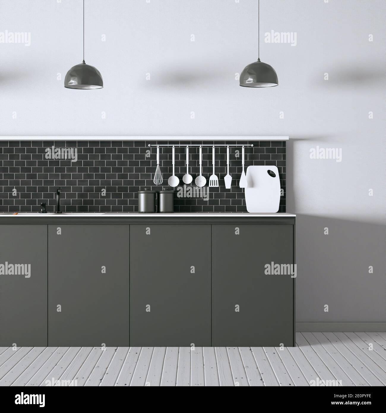 modern kitchen top with minimal objects, black subway tiles and ...