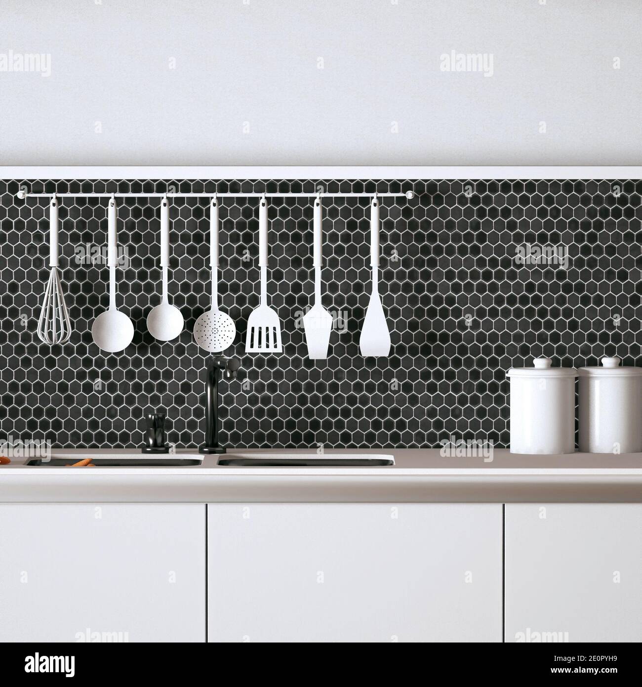 modern kitchen top with minimal objects, black hexagon tiles and ...