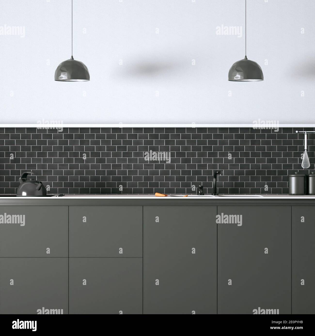 modern kitchen top with minimal objects, black subway tiles and ...