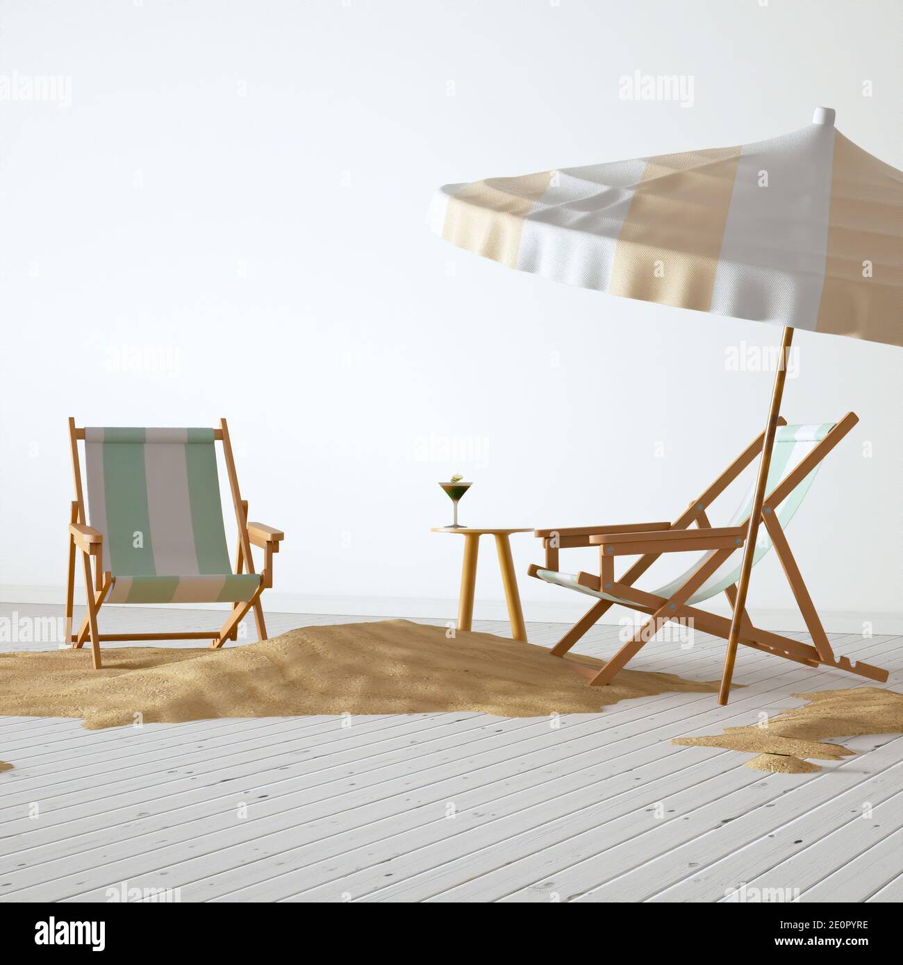 Beach sand, beach chair and umbrella inside living room with a cocktail ...