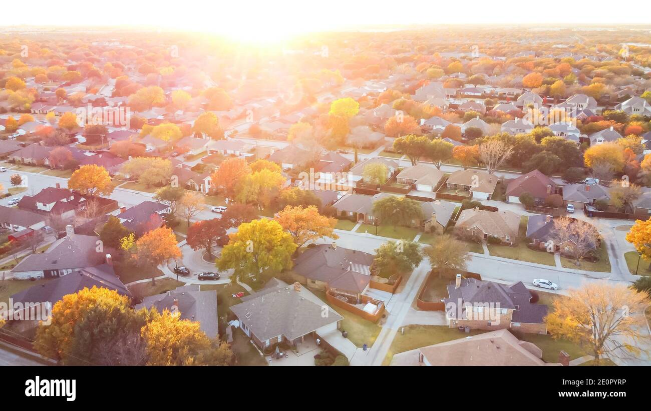 Aerial view residential neighborhood with colorful fall foliage at ...