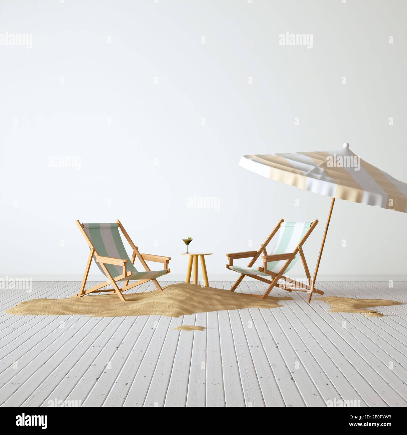 Beach sand, beach chair and umbrella inside living room with a cocktail ...